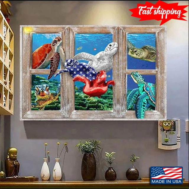 Kna Prints - Vintage Window With Sea Turtles Underwater And Americanlag ...