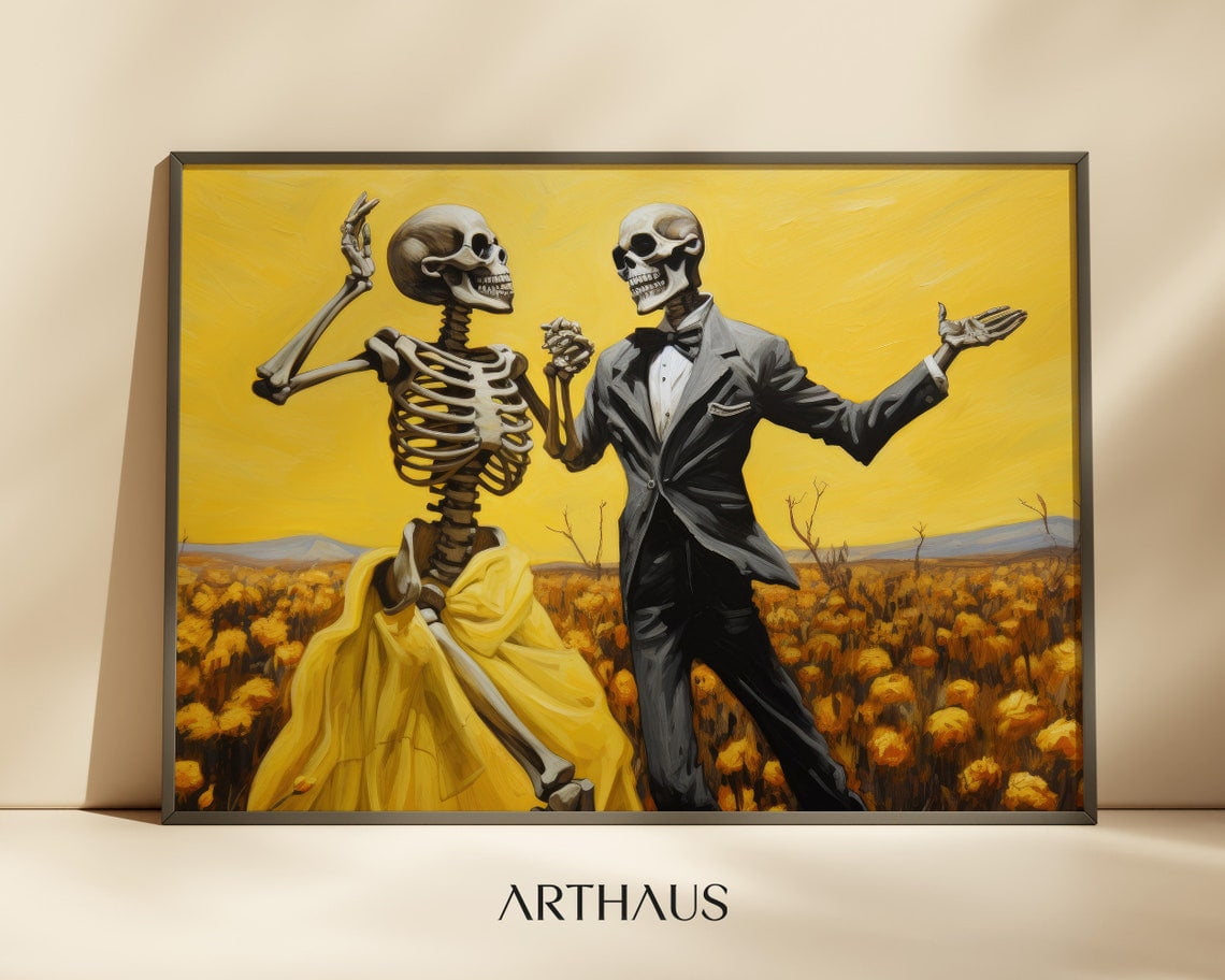 Kna Prints - Wall Art Dancing Skeletons In Yellow Field Print Colourful ...