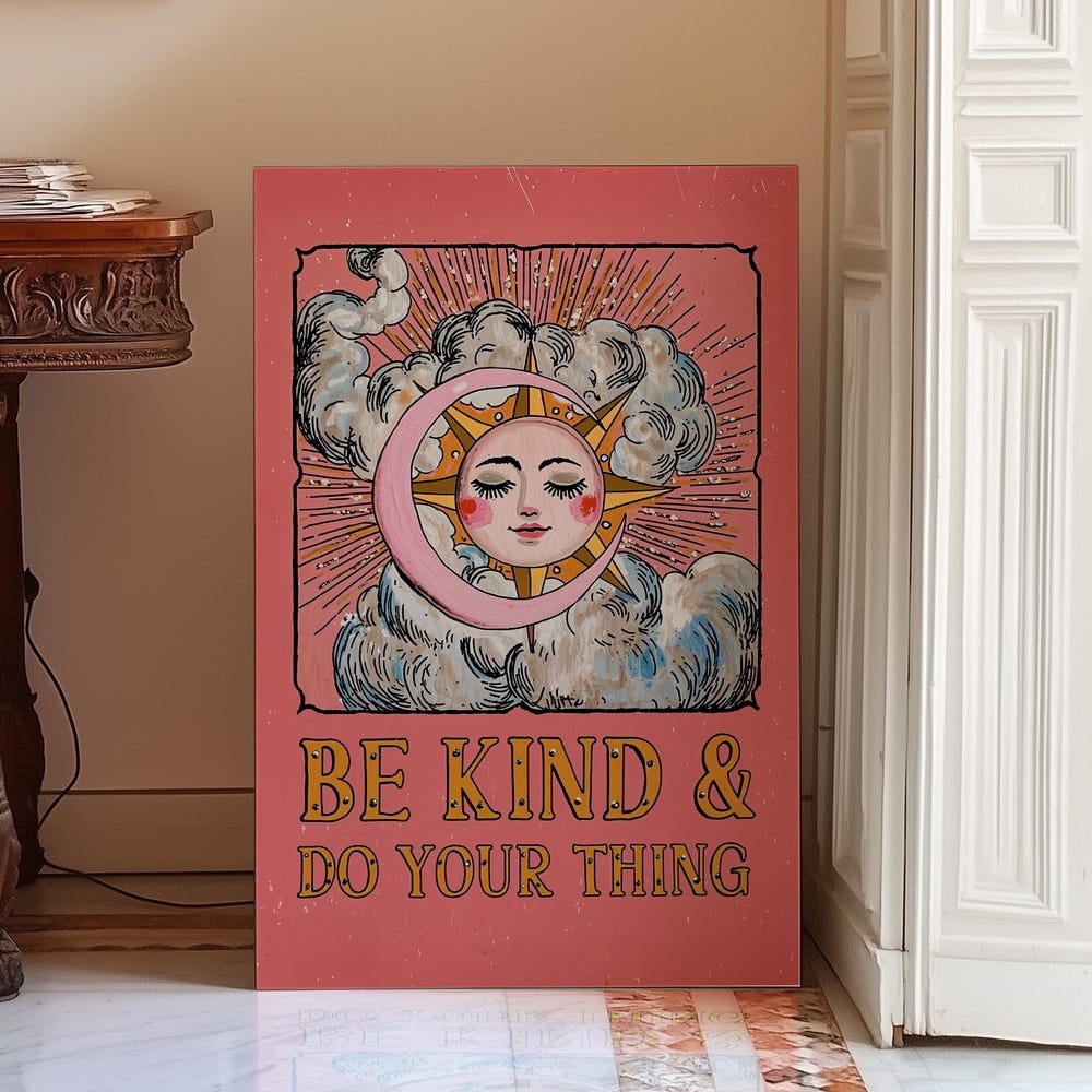Kna Prints - Wall Art, Be Kind Quote Print, Retro Sun Moon Poster, Pink ...