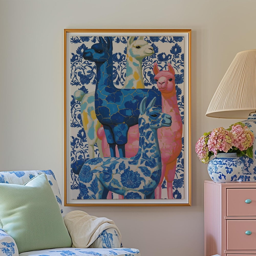 Kna Prints - Wall Art, Llama Wall Art Print, Chinoiserie Blue Pink ...