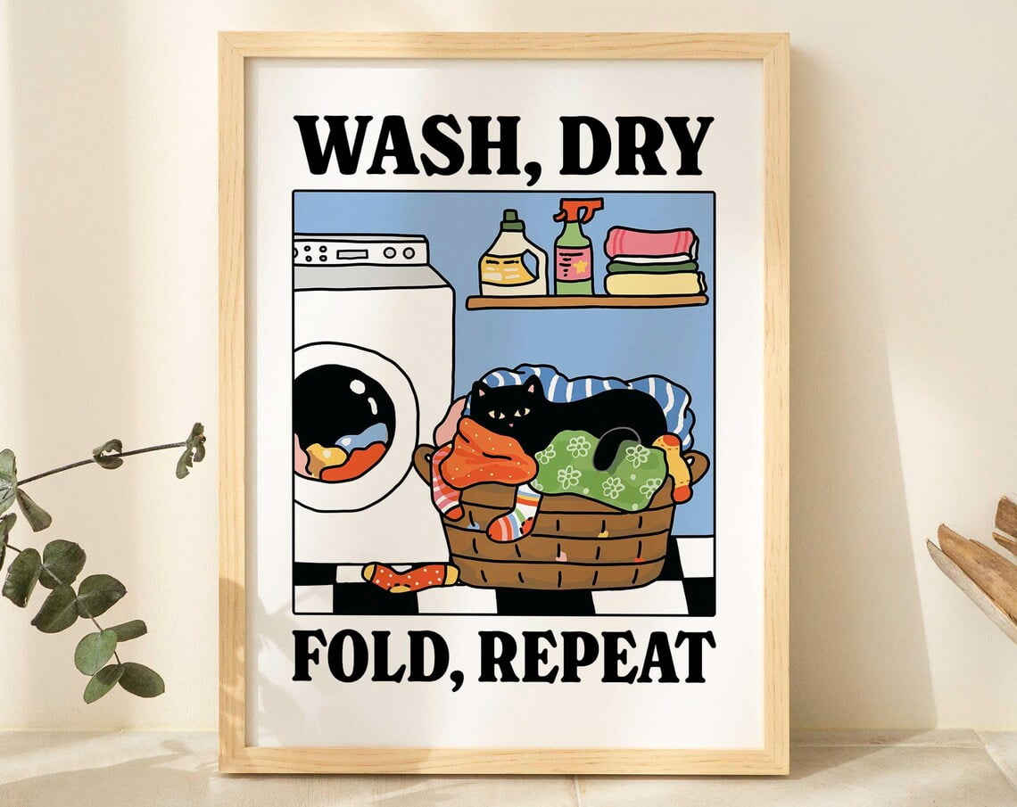 Kna Prints - Wash Dry Fold Repeat Cat Print, Cute Bathroom Poster, Wash ...