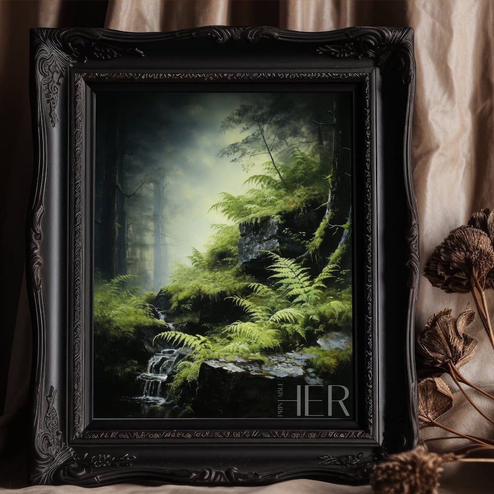 Kna Prints - Waterfall And Fern In Dark Forest Landscape Cottagecore ...