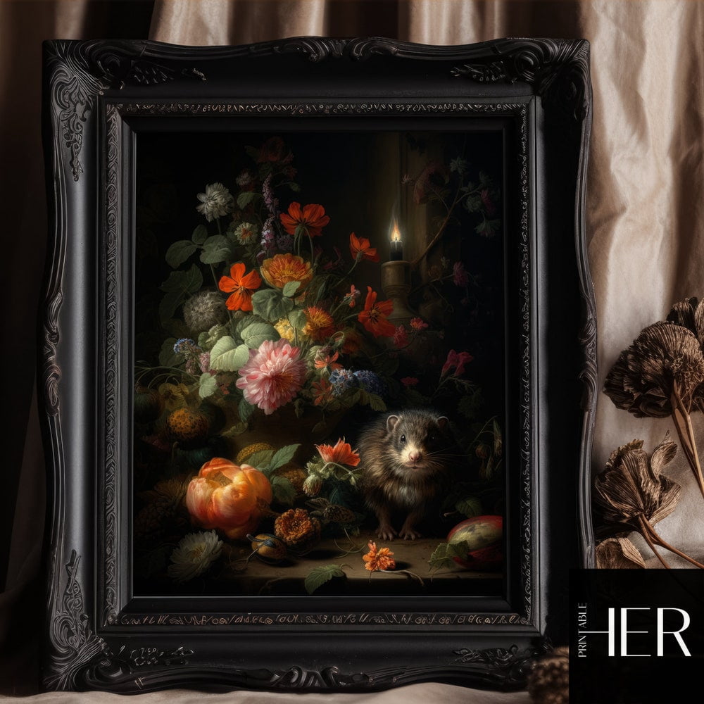 Kna Prints - Weasel And Flowers Still Life Dark Cottagecore Academia ...