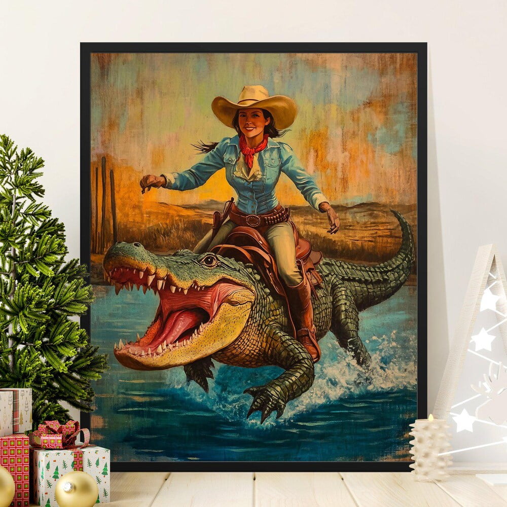 Kna Prints - Western Cowgirl Riding Alligator Poster, Unique Wall Art ...
