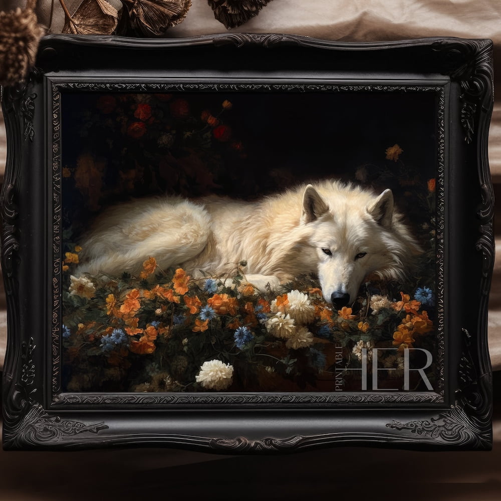 Kna Prints - White Wolf Sleeping In Forest Dark Cottagecore Woodland ...