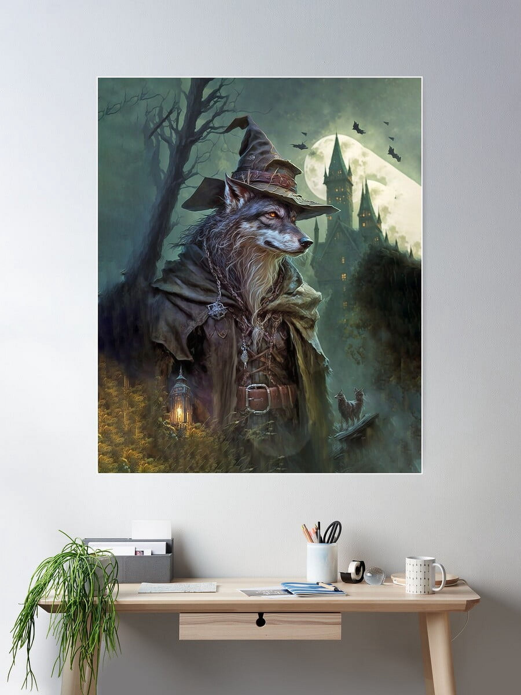 Kna Prints - Wolf Wizard Witch Full Moon Poster, UNFRAMED-12x18 ...