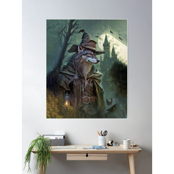 Kna Prints - Wolf Wizard Witch Full Moon Poster, UNFRAMED-12x18 ...