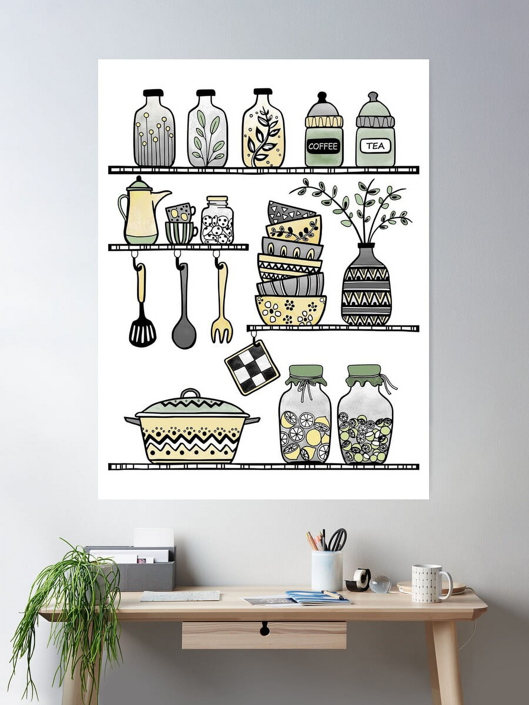 Kna Prints - Yellow Boho Kitchen Shelf Drawing For Home Decor, Living ...