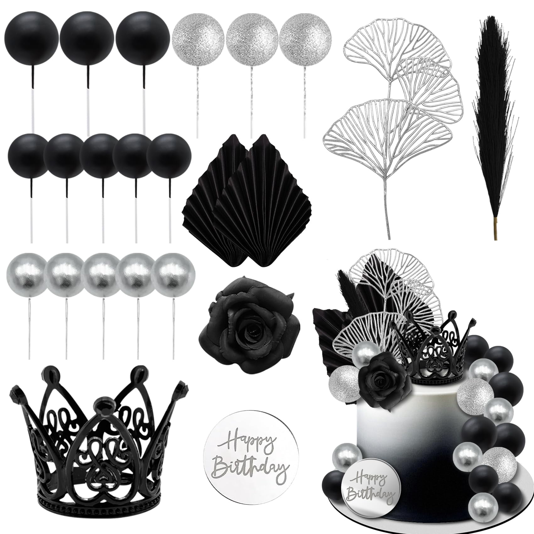 Knana 25Pcs Silver Black Balls Cake RST1 Topper Birthday Cake Topper ...