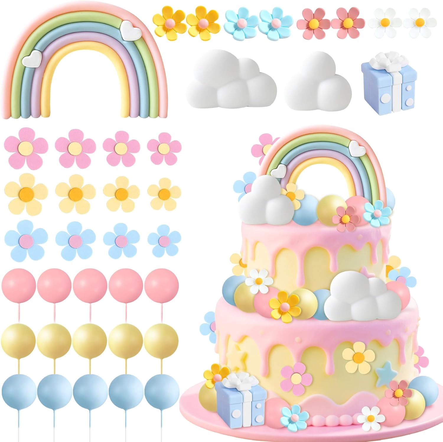Knana 39Pcs Rainbow Cake Topper Decorations Flower Boho Toppers ...