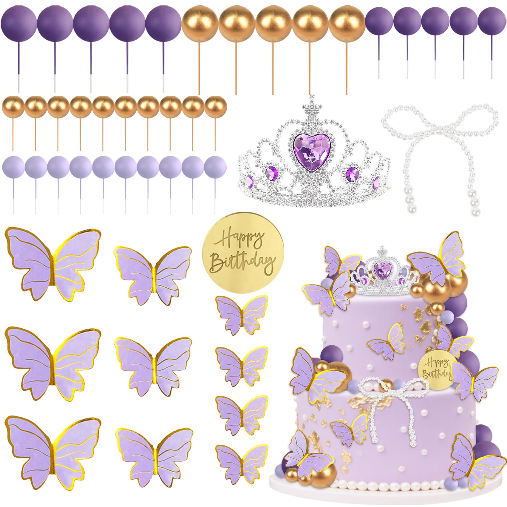 Knana 48PCS Purple Butterfly Cake Topper AIS1 Purple Balls Cake Toppers ...