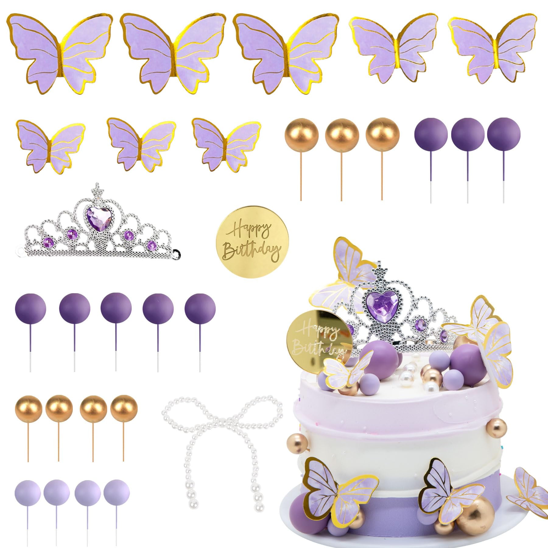 Knana 48PCS Purple Butterfly Cake Topper ITL1 Purple Balls Cake Toppers ...