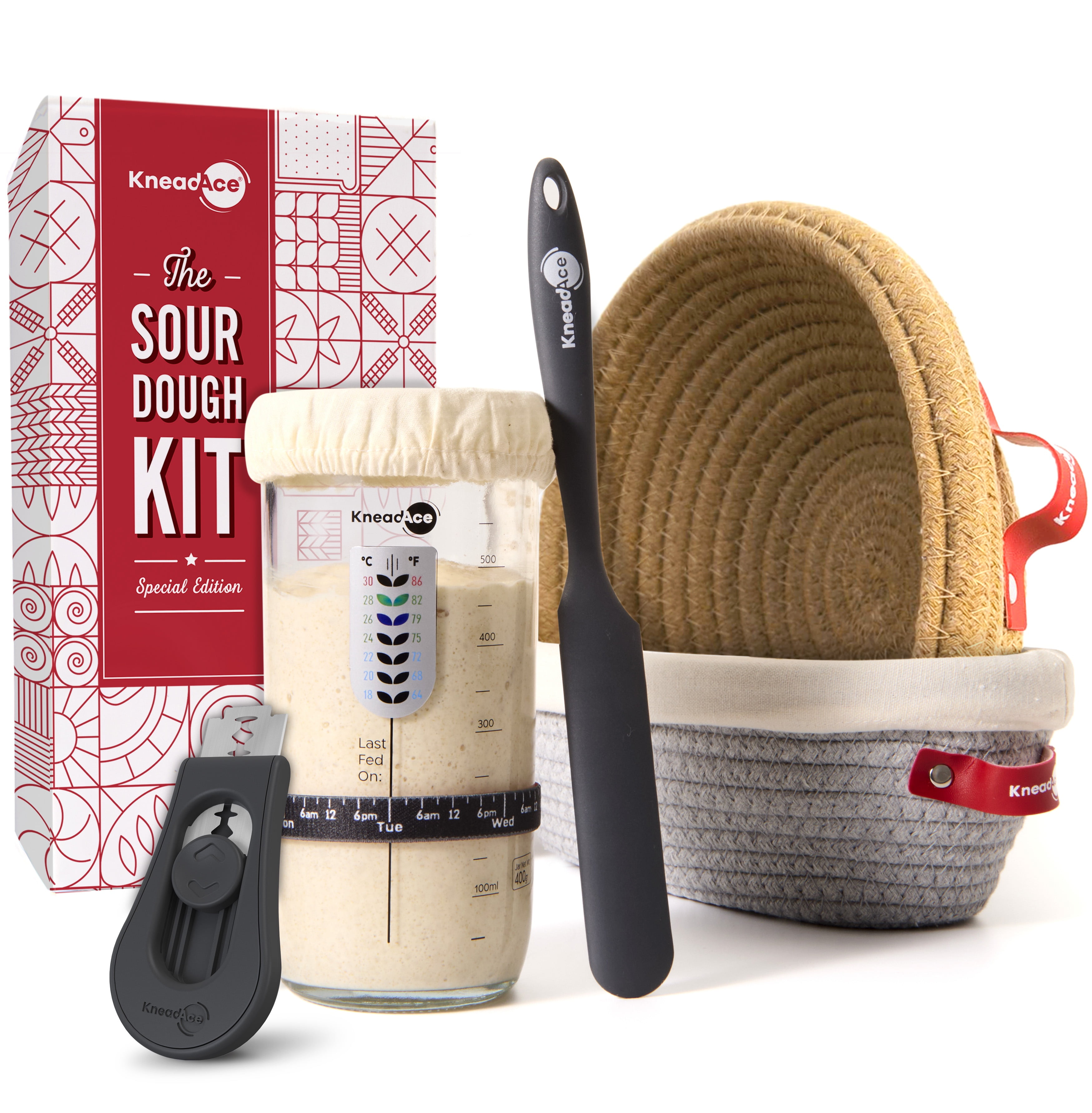 KneadAce Sourdough Starter Kit with Banneton Baskets, 24oz Starter Jar ...