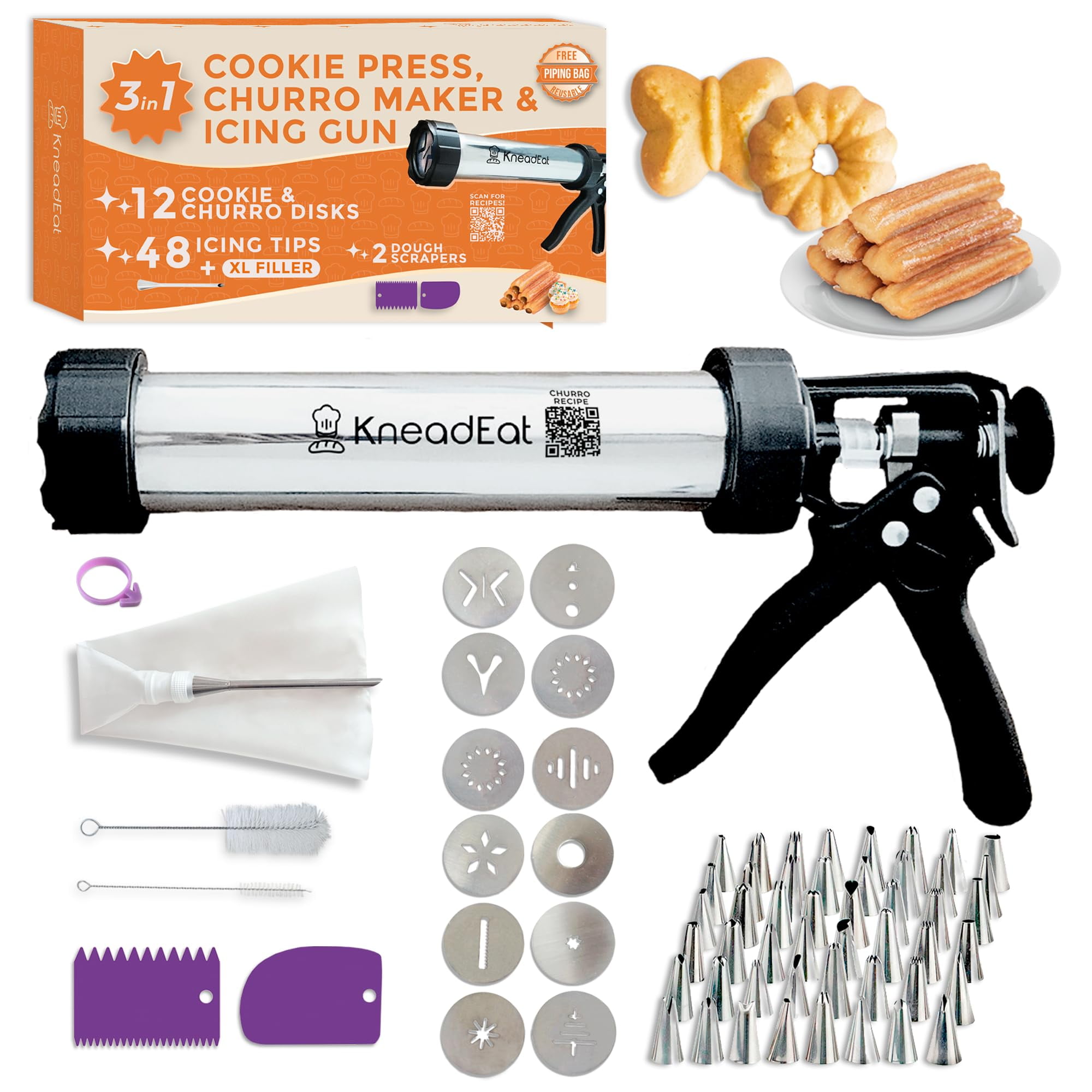 KneadEat Premium Churro Maker, Spritz Cookie Press Gun Kit and Icing Gun.12 Cookie and Churro ...