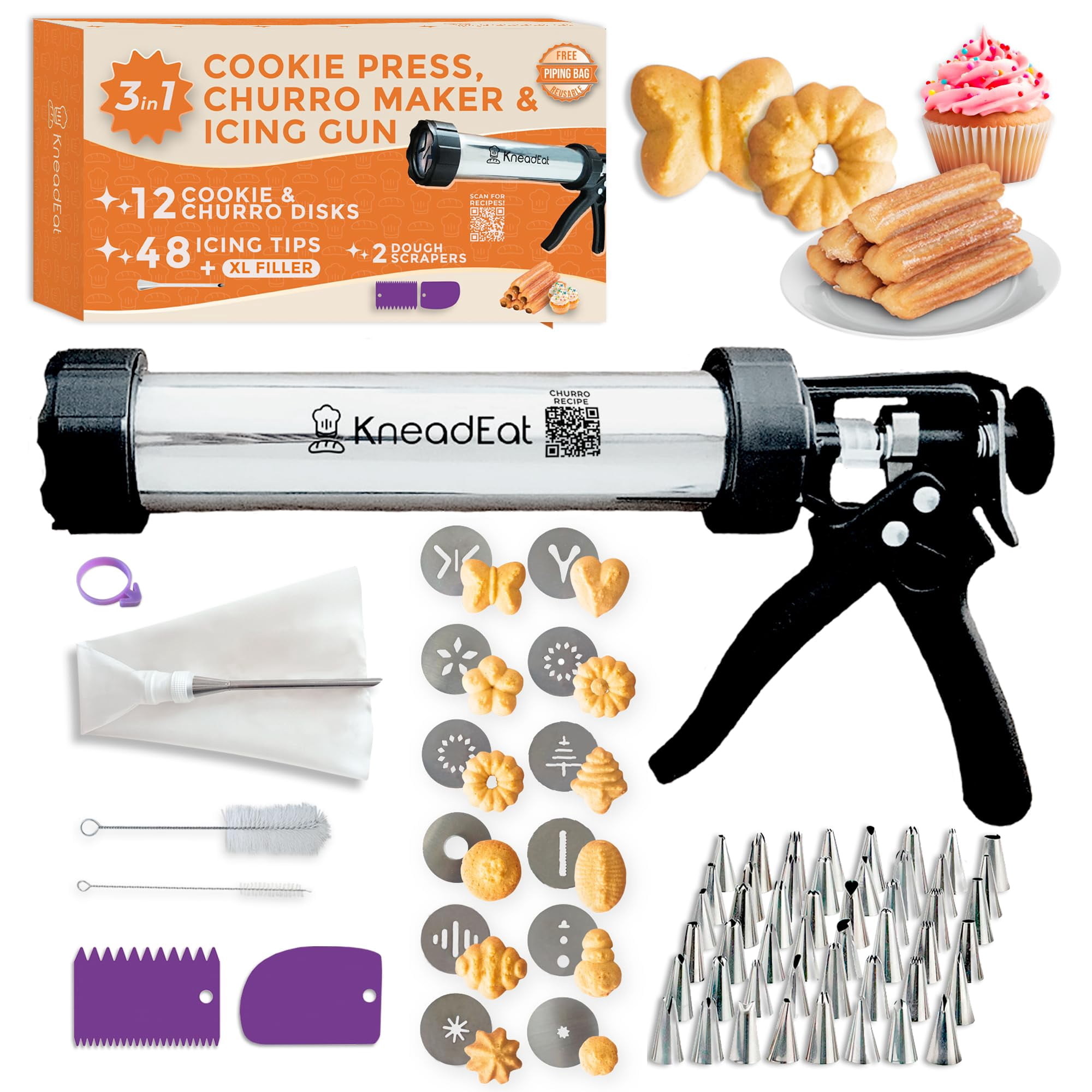 KneadEat Premium 68pc Churro Maker - Spritz Cookie Press Gun Kit ...