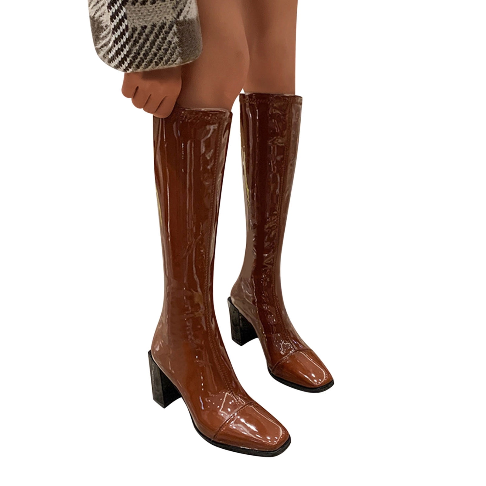 Knee High Boots Ladies Fashionable Bright Leather Back Zip High Heel ...