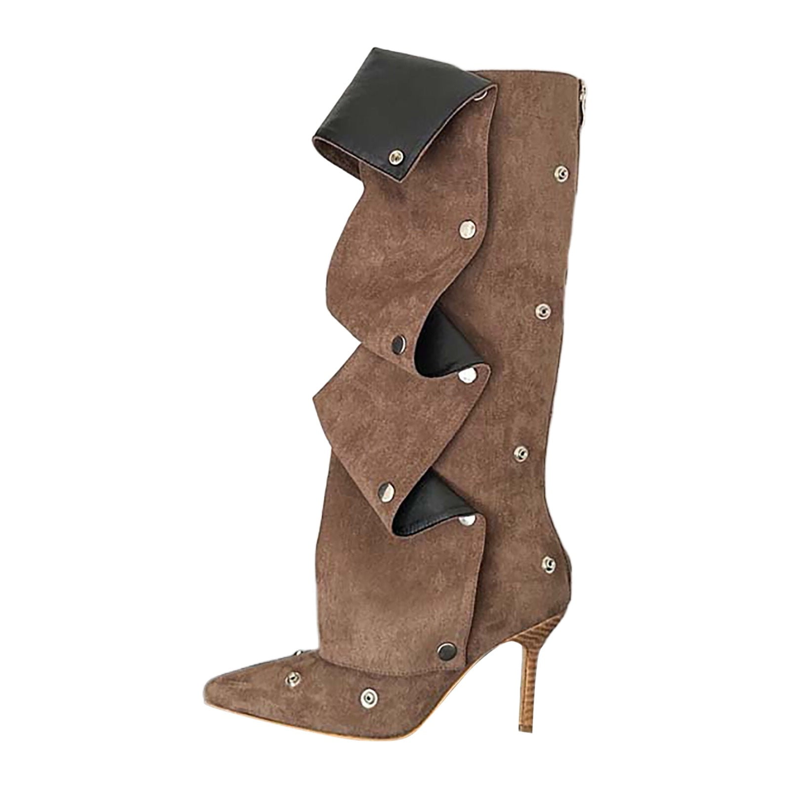 Knee High Boots Women High Heel Pointed Toe Fold Over Booties Button ...