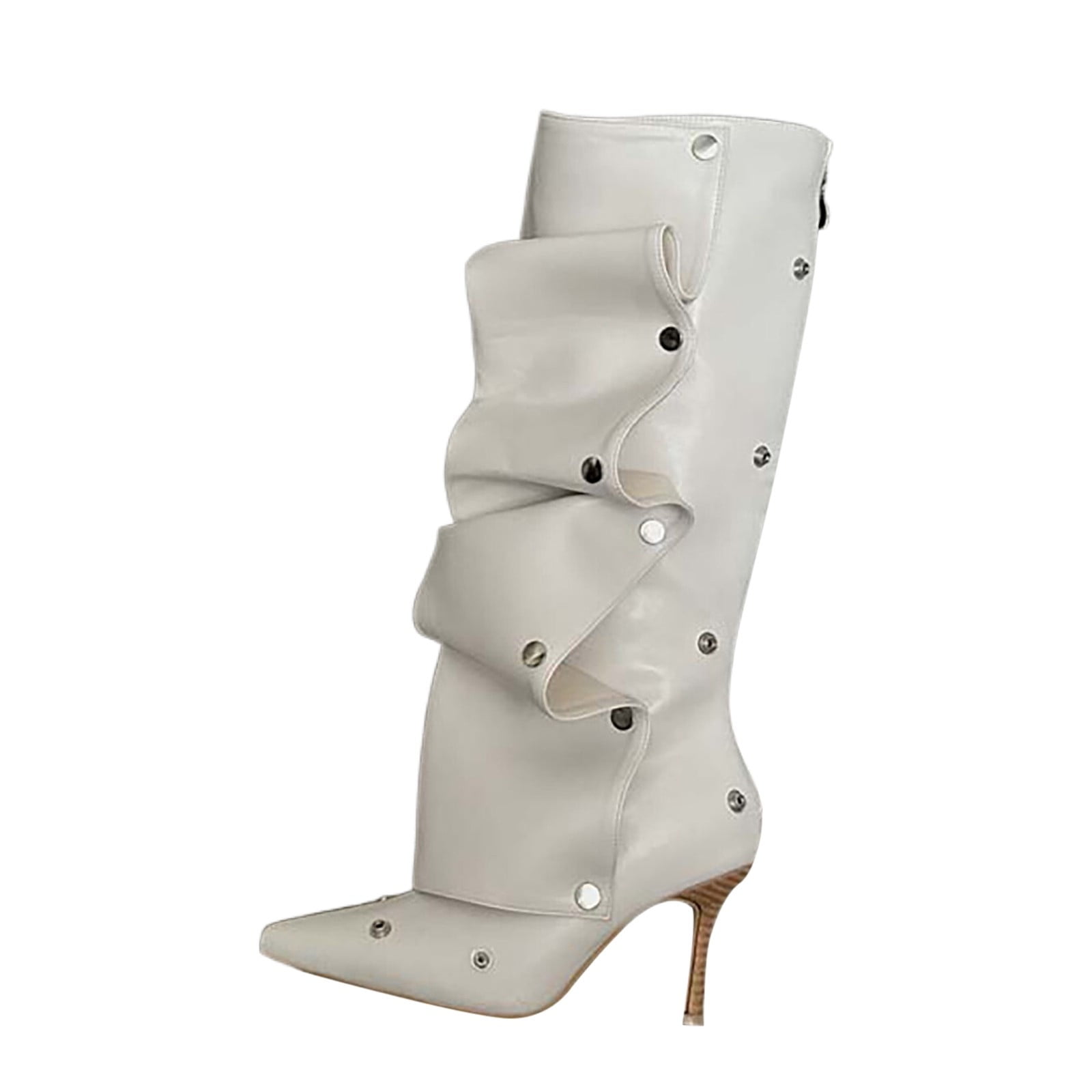 Knee High Boots Women High Heel Pointed Toe Fold Over Booties Button ...