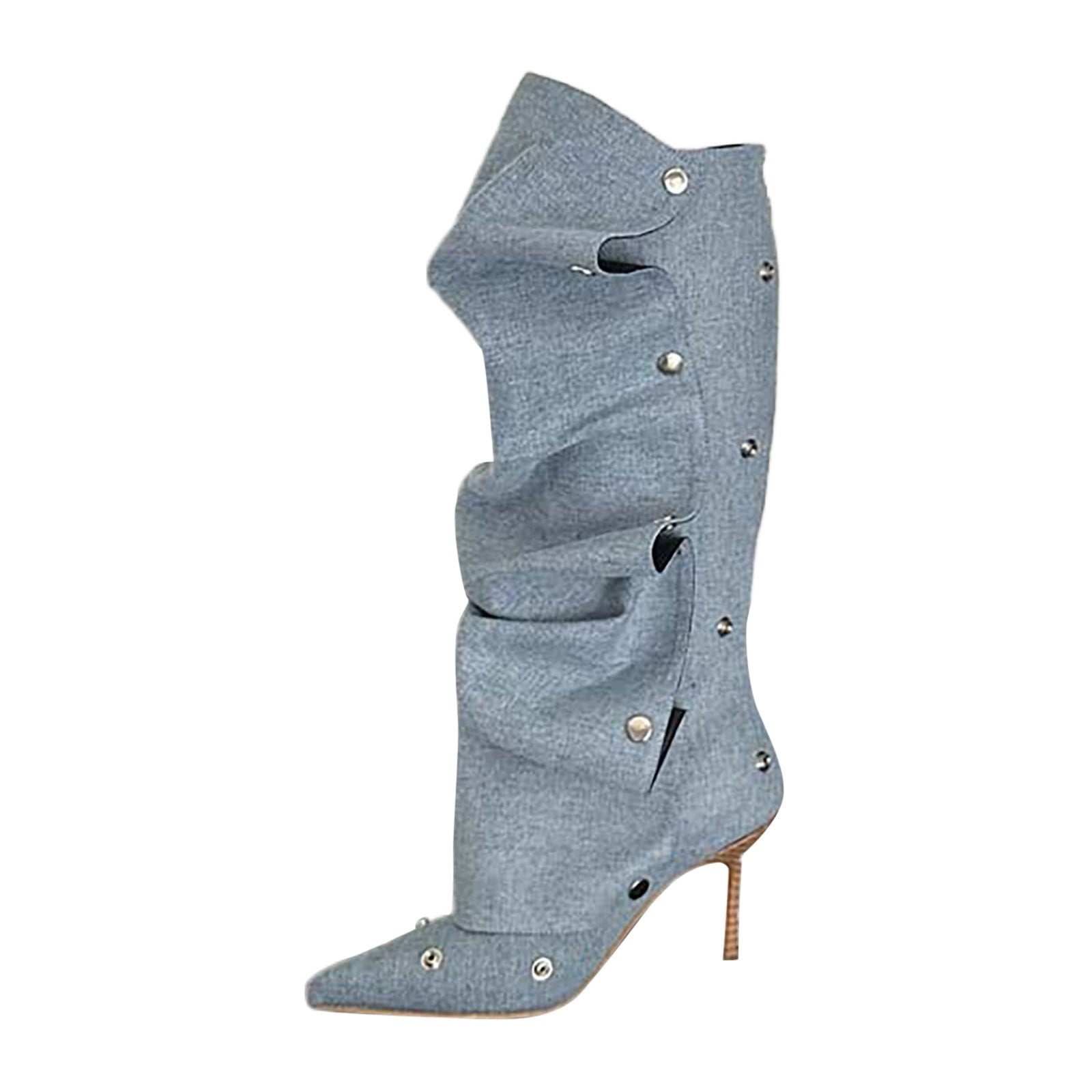 Knee High Boots Women High Heel Pointed Toe Fold Over Booties Button ...