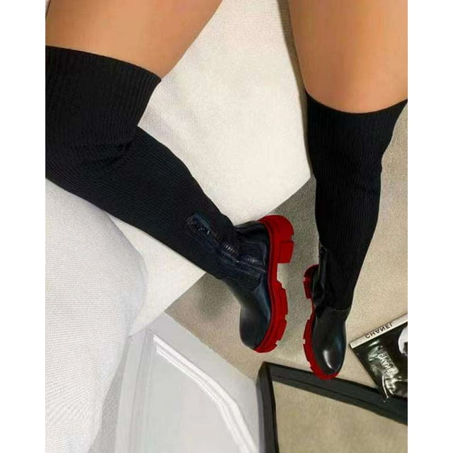 Knee High Boots For Women Stretch Knitted Round Toe Chunky Over The