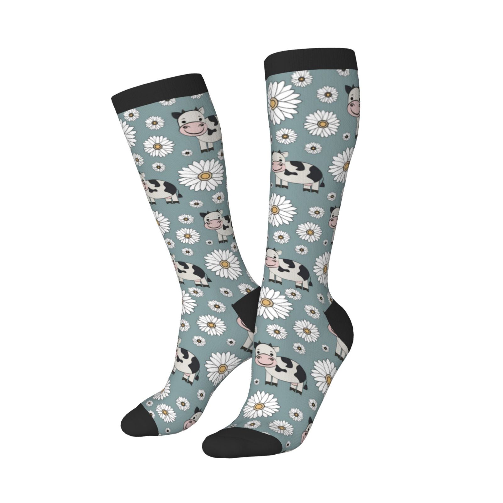 Knee High Socks for Women Men Athletic - Funny Cute Cow White Daisy ...