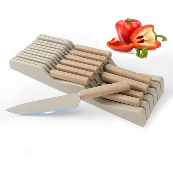 Knife Block Set, 12 Pieces Kitchen Knife Set with In-drawer Knife Block ...