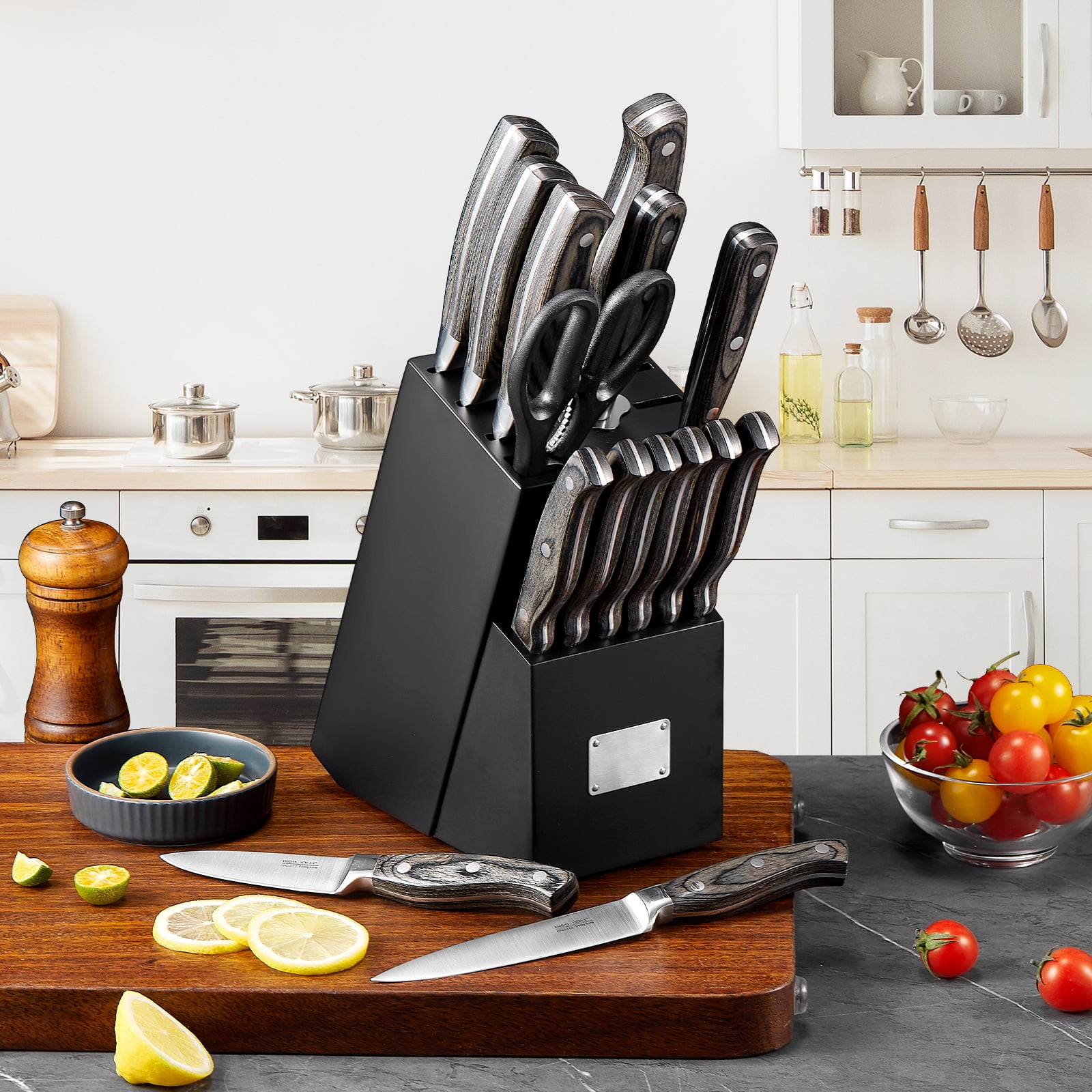Knife Block Set, D.Perlla 16 Pieces German Stainless Steel Kitchen ...