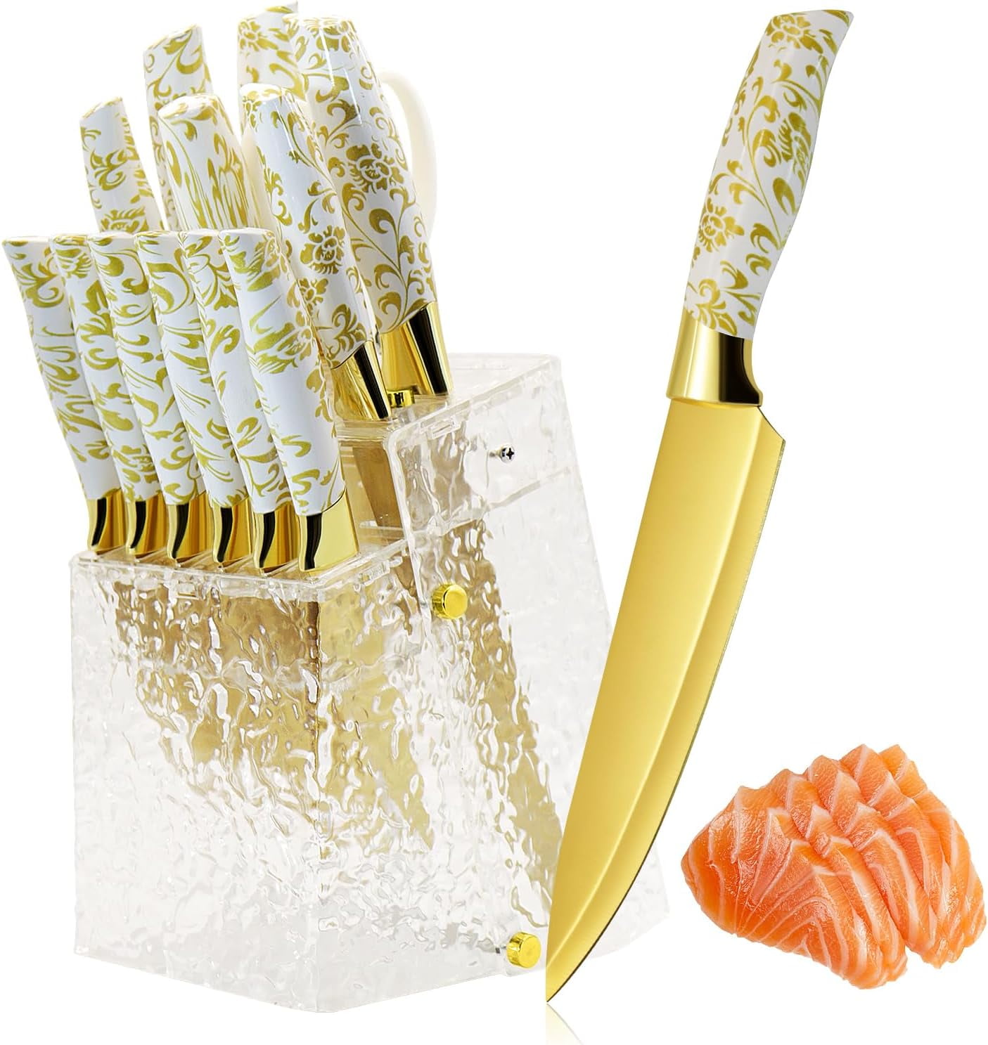 Knife Block Set, Gold Sharp Knives with Acrylic Block, Stainless Steel ...