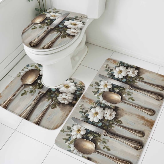 Knife and Fork Bathroom Rugs Set Tableware Flower Non Slip Absorbent ...
