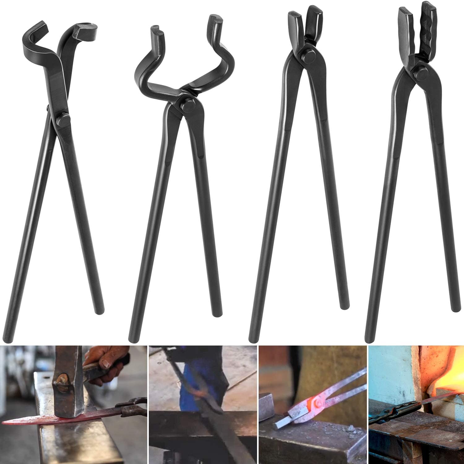 Knife Making Tongs Set: V-Bit, Wolf Jaw, Flat, Blade Tongs (4 Pieces ...