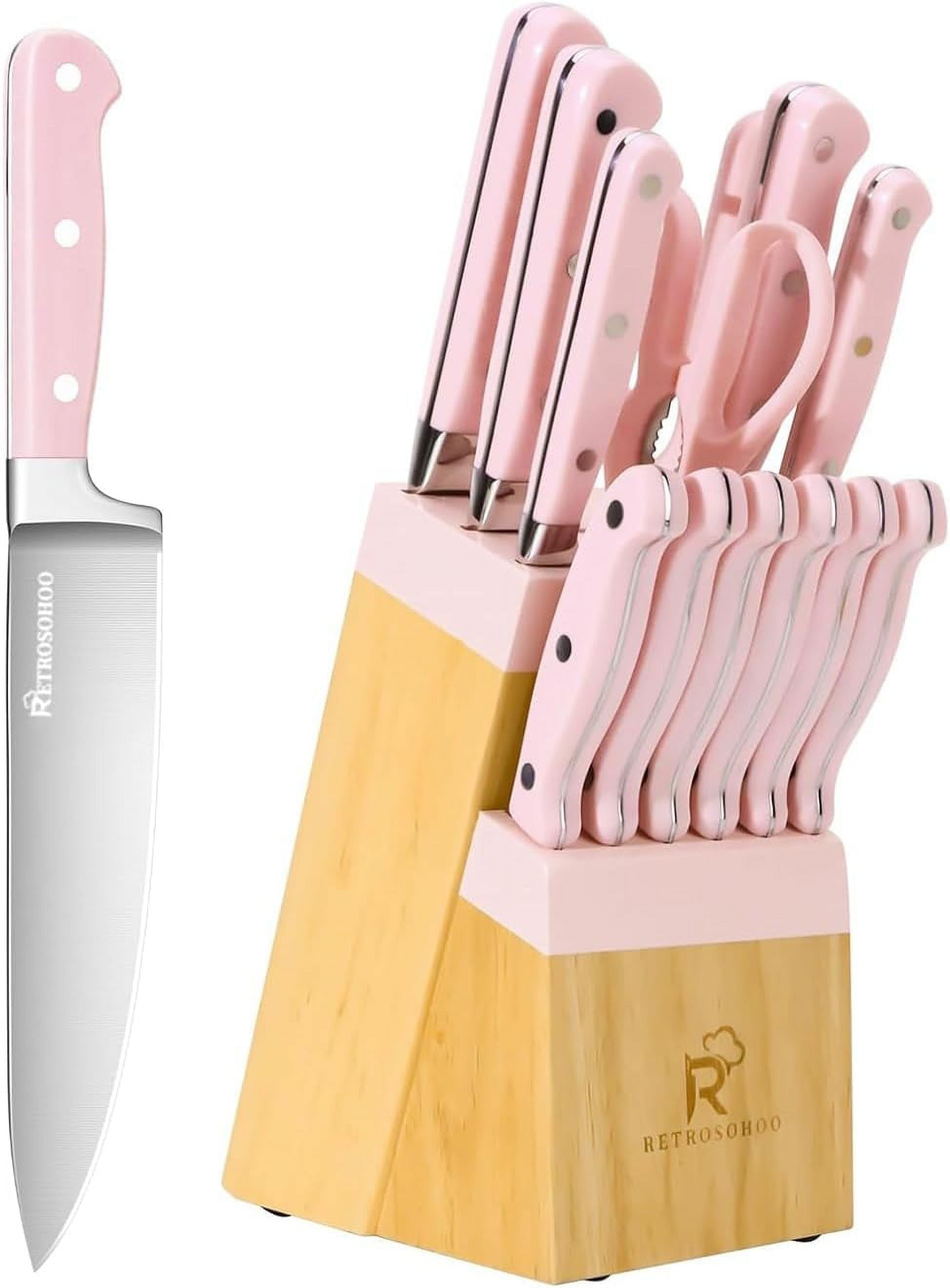 Knife Set, 14-Piece Pink Kitchen Knife Set with Block, Chef Knife Set ...