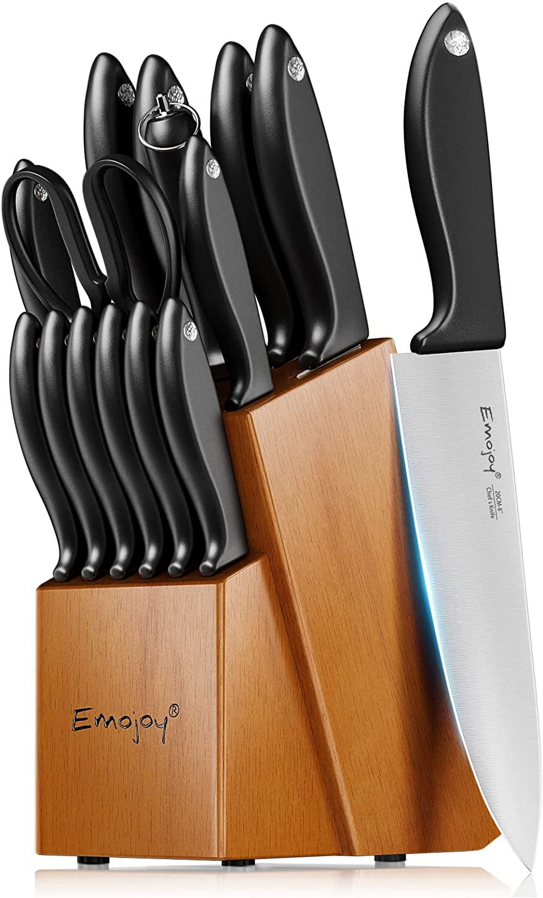 Knife Set 15-Piece Kitchen Knife Set with Sharpener Wooden Block and ...