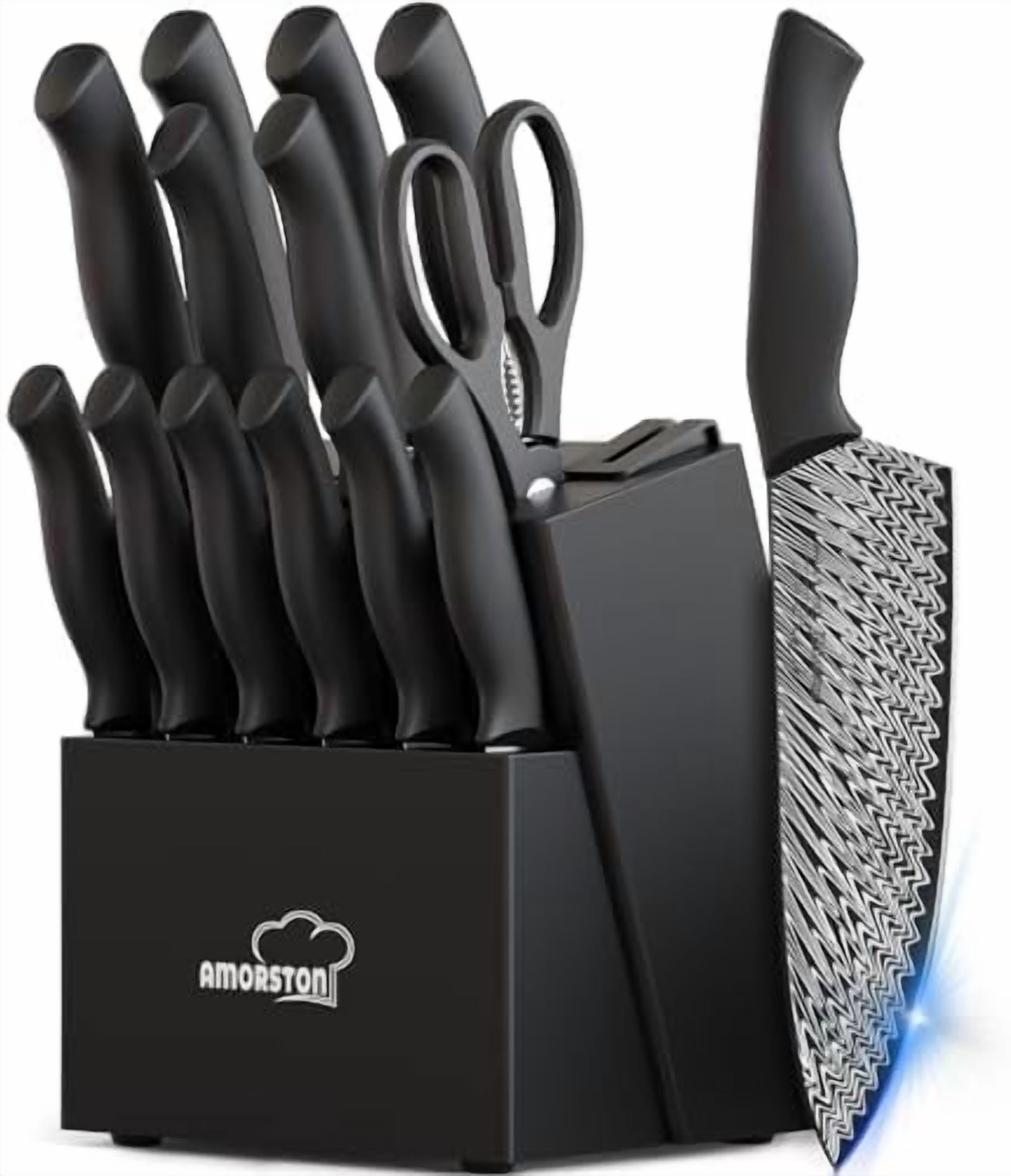 Knife Set, 15 Pieces Kitchen Knife Set with Built in Knife Sharpener ...