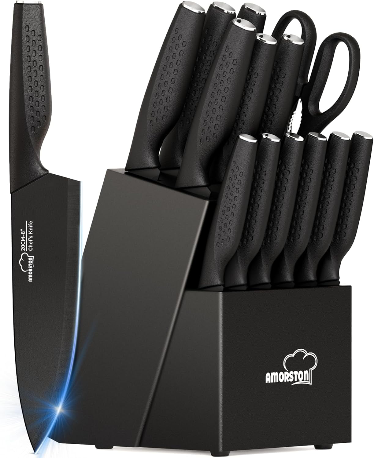 Knife Set, 15 Pieces Kitchen Knife Set with Block Built in Sharpener ...