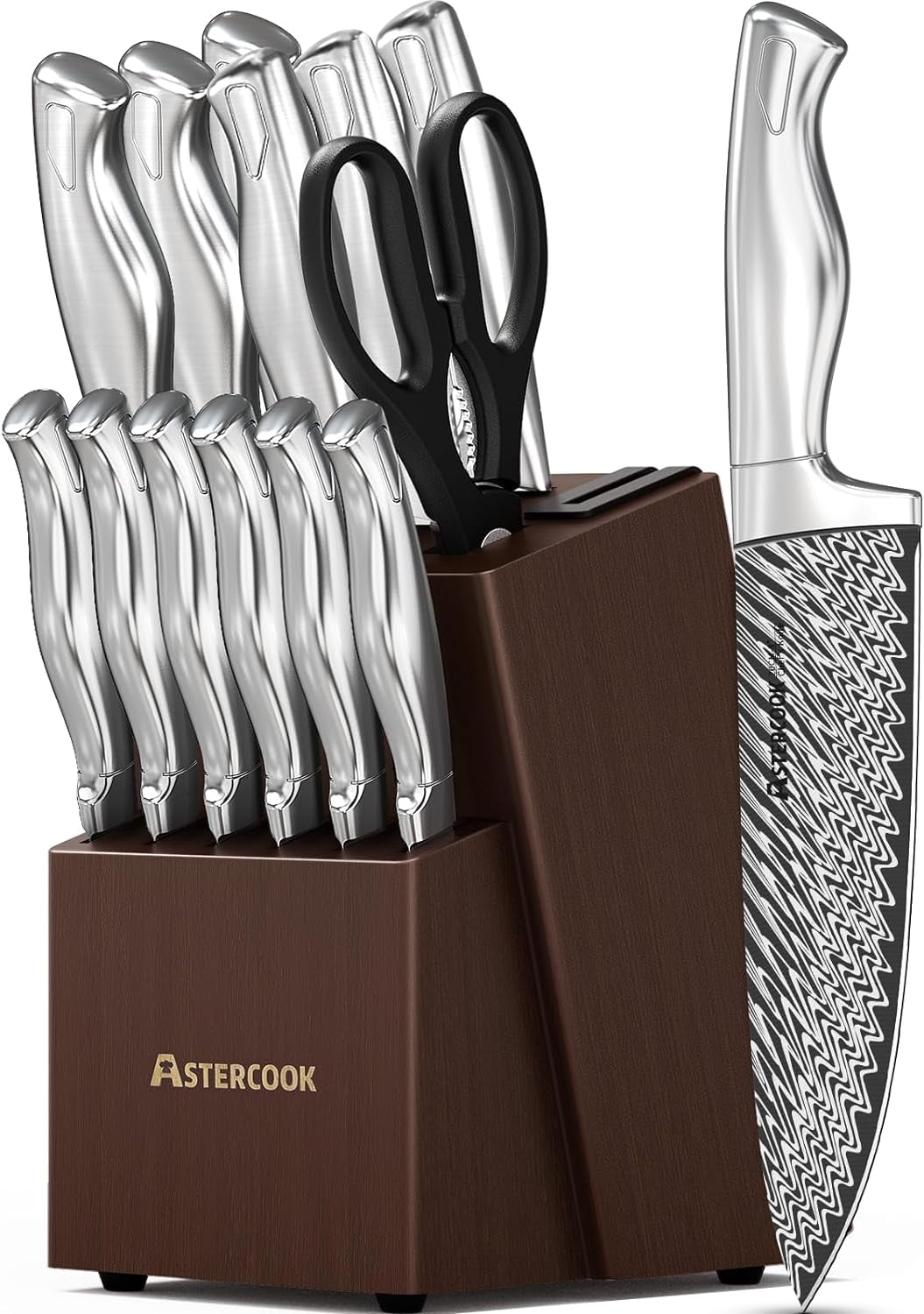 Knife Set, 15 Pieces Kitchen Knife Set with Built in Sharpener Block ...