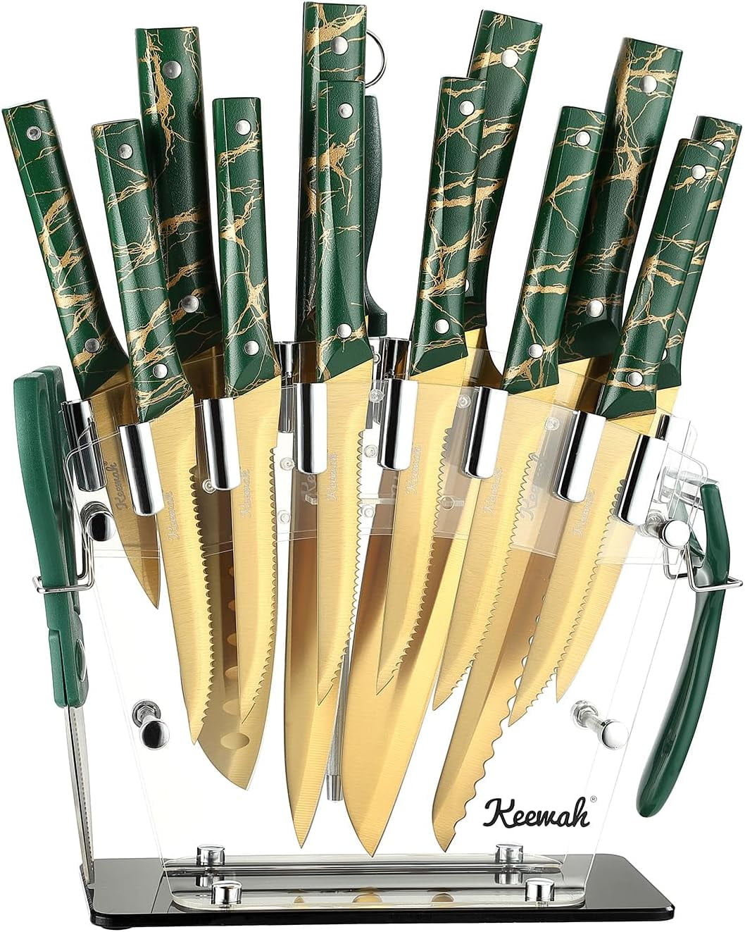 Knife Set, 16 Piece Kitchen Knives set with Acrylic Stand, Gold ...