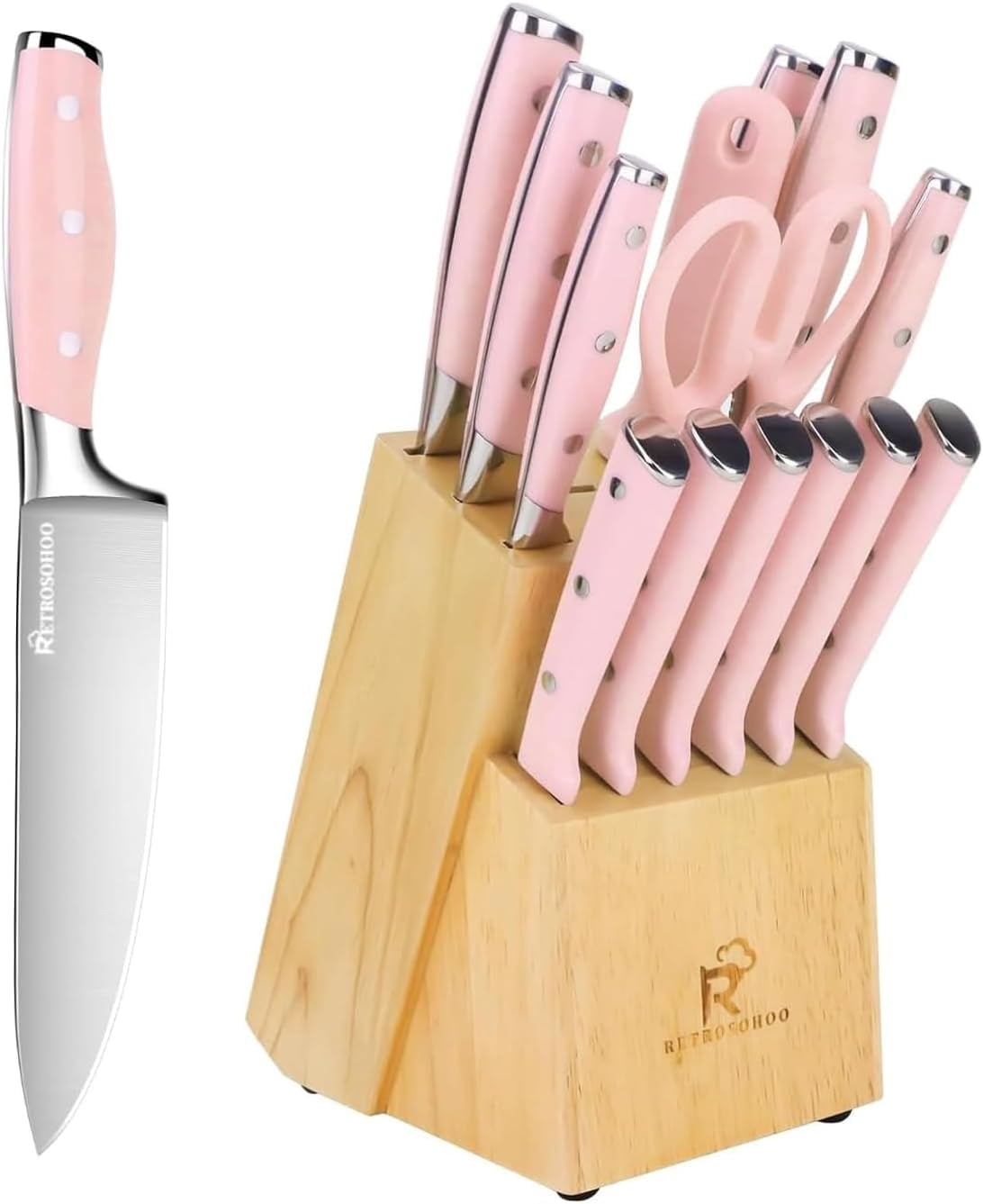 Knife Set with Block, 15-Piece Triple Riveted Knife Block Set, Pink ...