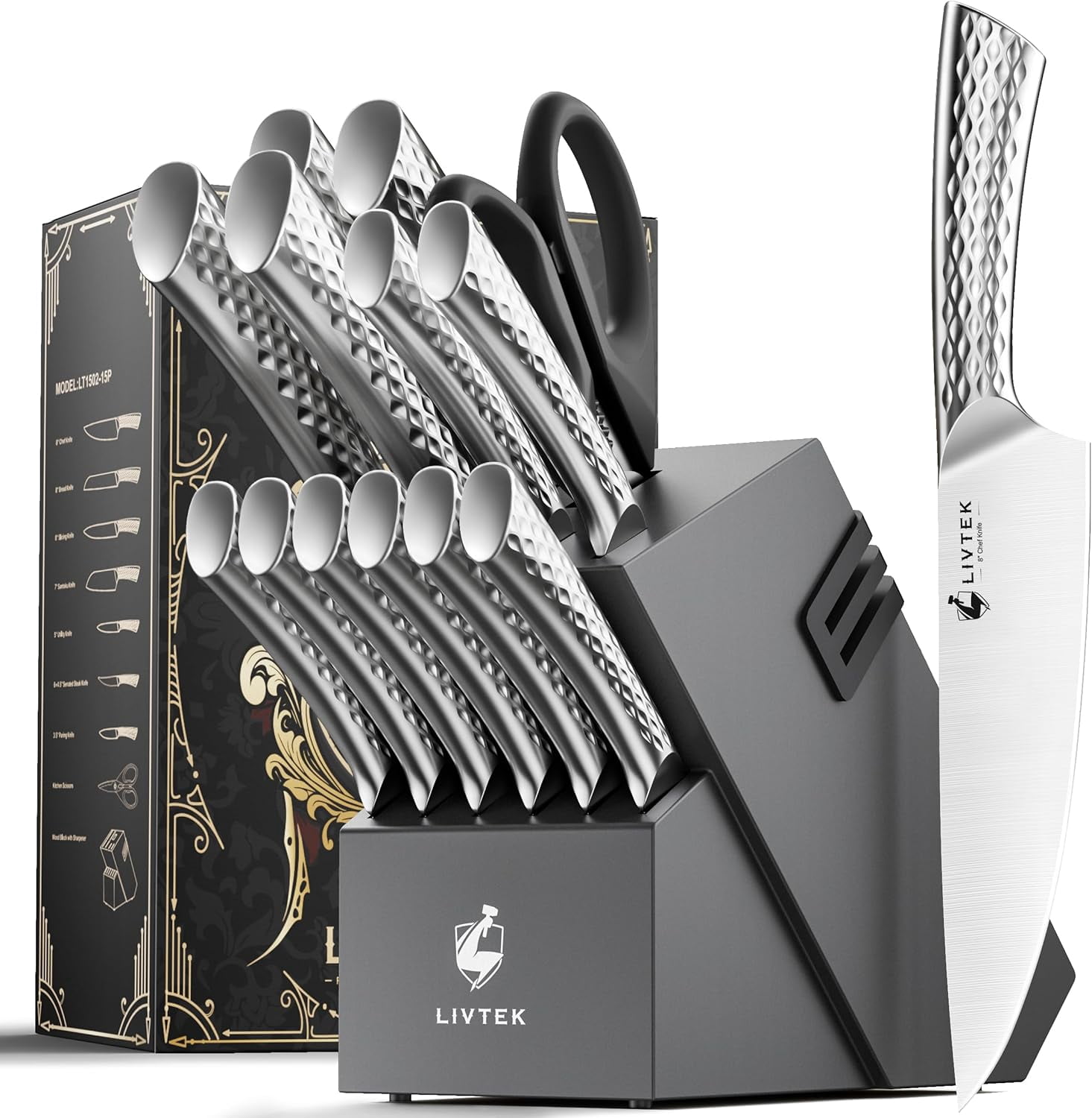 Knife Set with Block - Kitchen Knife Set German High-Carbon Stainless ...