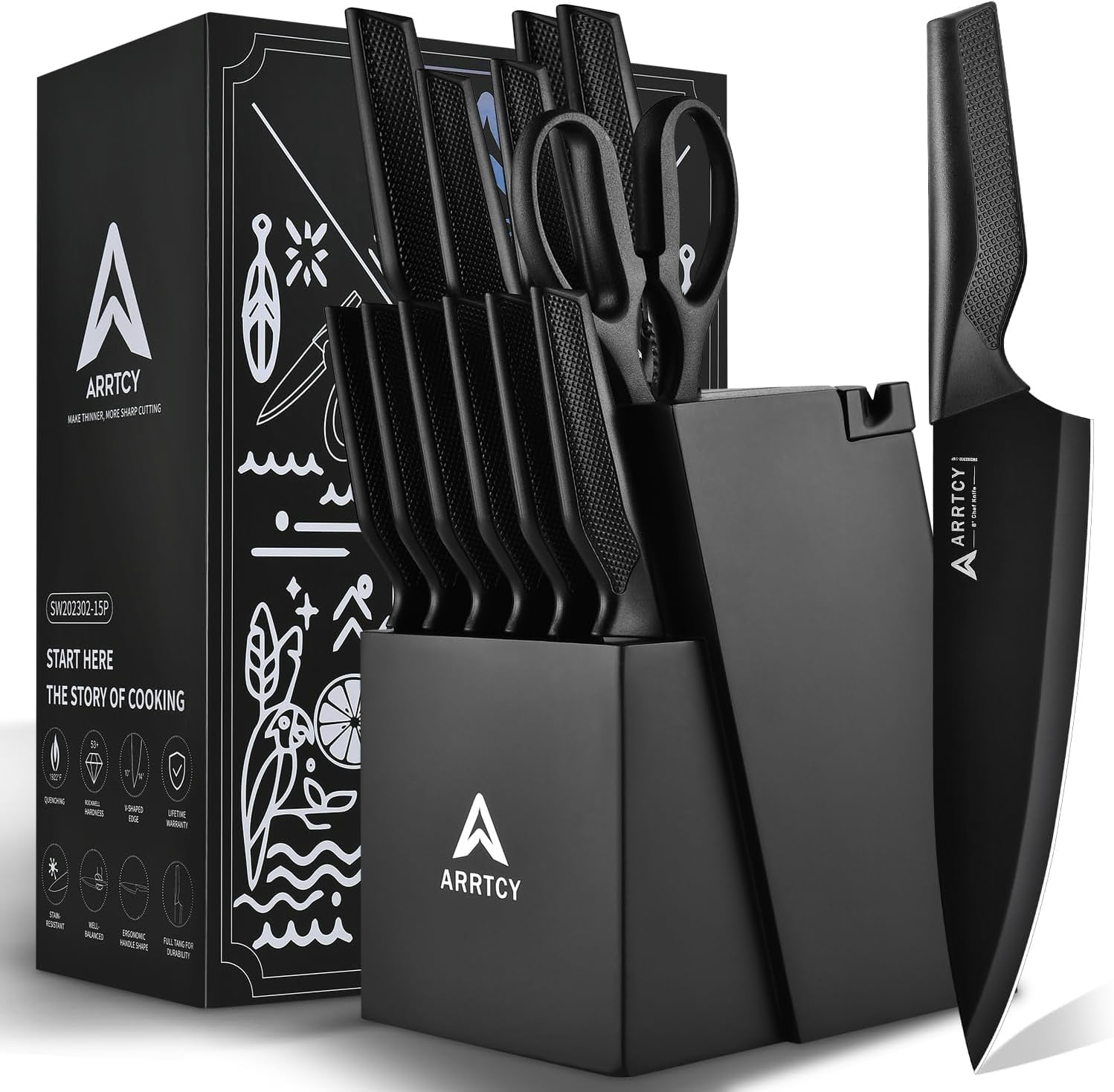 Knife Set with Block - Kitchen Knife Set German High-Carbon Steel - 15 ...
