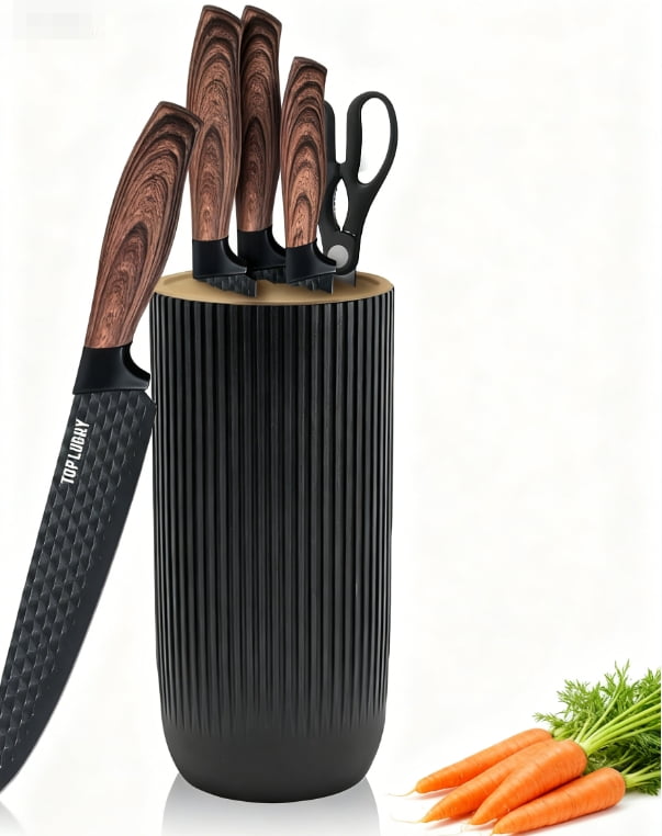 Knife Set, LapEasy 6 Piece Black Kitchen Knife Block Set with Universal ...