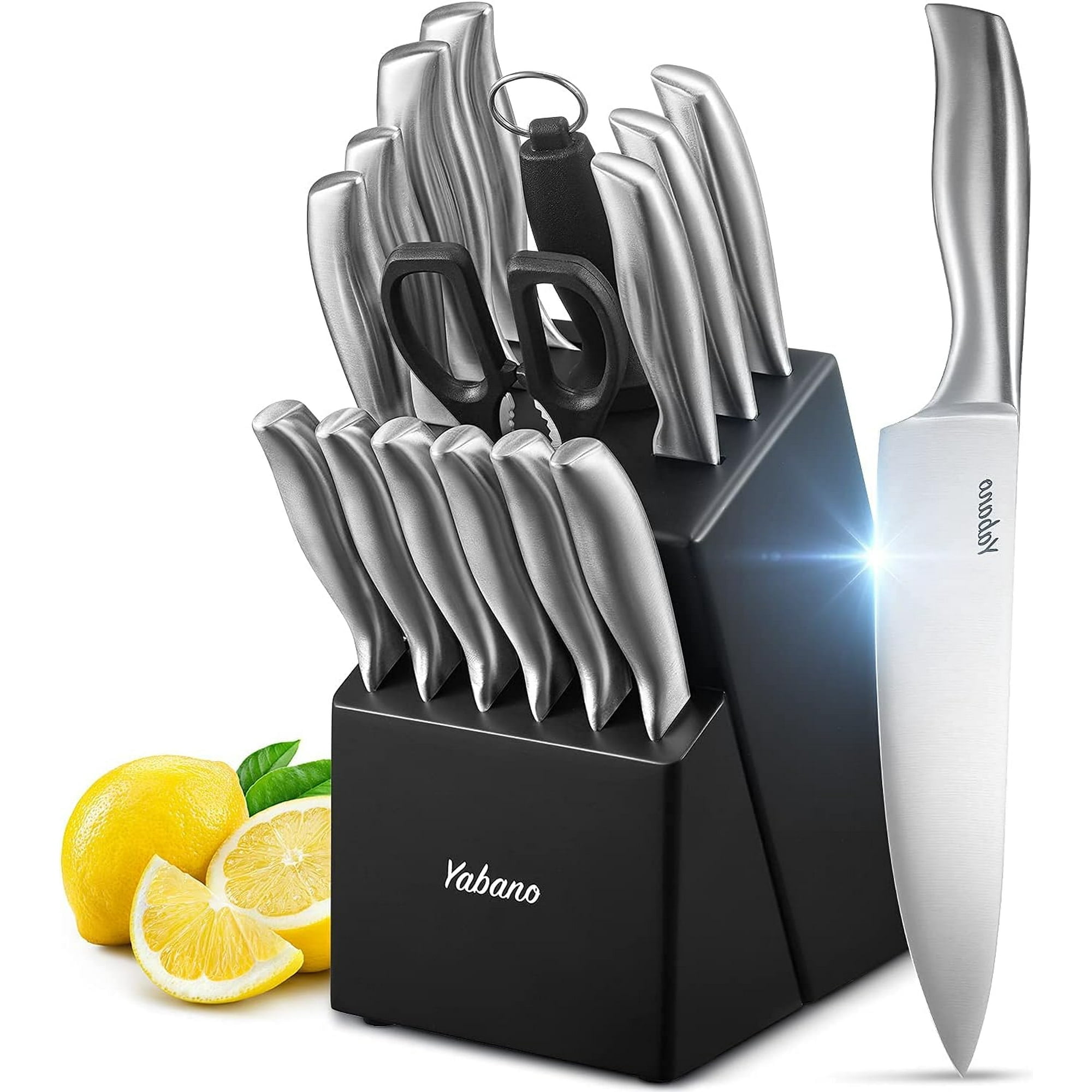 Yabano 16-Piece Kitchen Knife Set, Stainless Steel Steak Cutlery Block ...