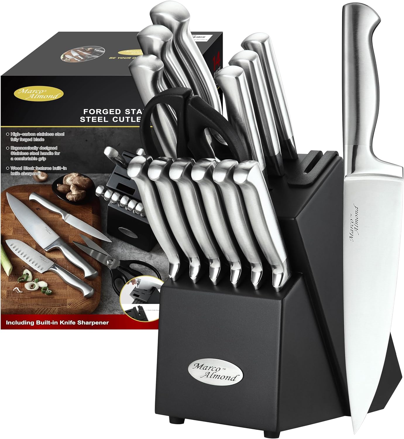 Knife Set with Block KYA28, 14 Pieces Stainless Steel Chef Cutlery ...