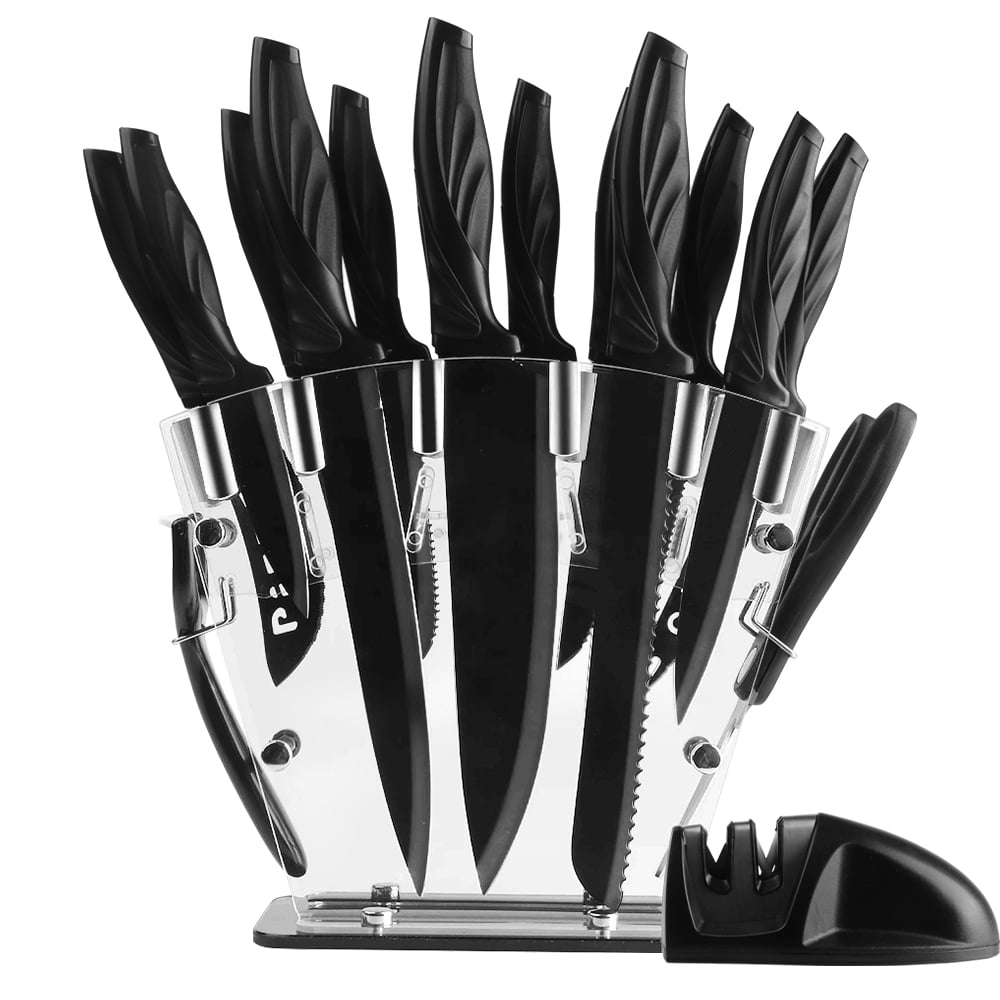 Knife Set with Block,Sharpener,Acrylic Stand 17 PCS Black High Carbon ...
