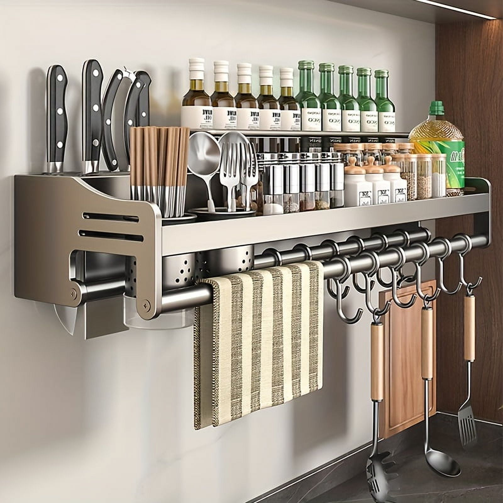 Knife & Utensil Holder With Spice Shelf Steel Spice Organizer Rack Wall ...