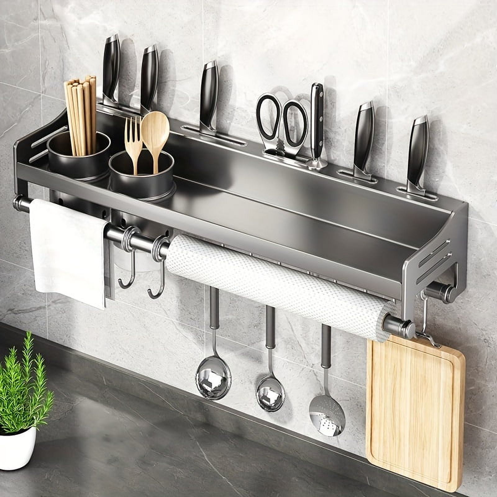 Knife & Utensil Holder With Spice Shelf Steel Spice Organizer Rack Wall ...