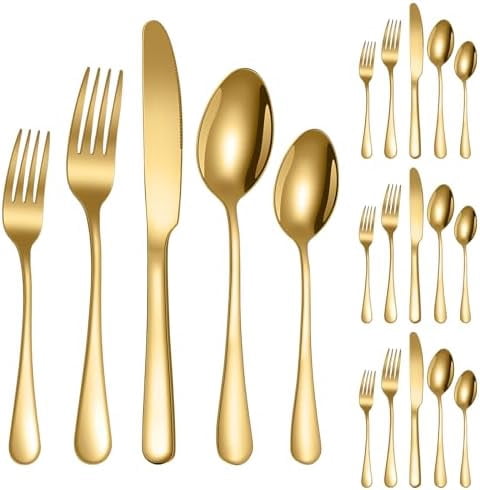 Knifes Forks Spoons Gold Silverware Set for 4，20-Piece Stainless Steel ...