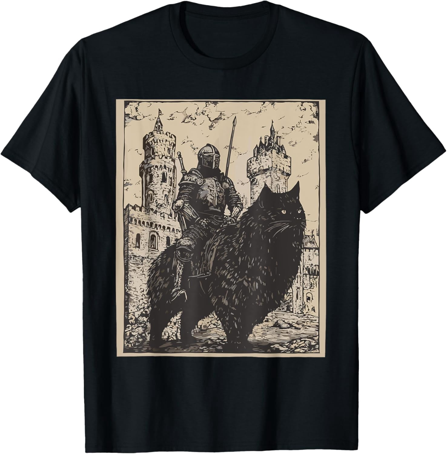 Knight Cat Rider Vintage 90s Medieval Knight Riding Cat T-Shirt ...