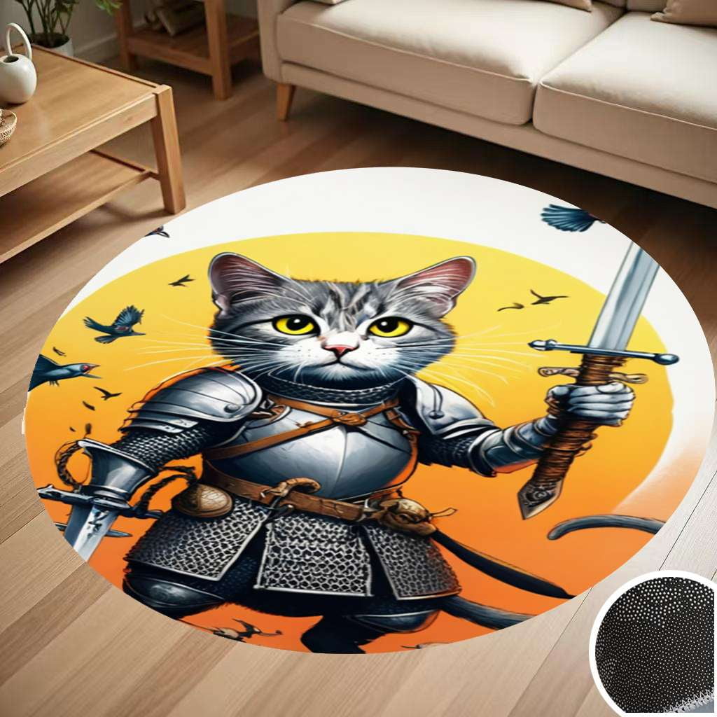Knight Cat With Sword And Mouse Round Carpet Living Room Bedroom Home ...