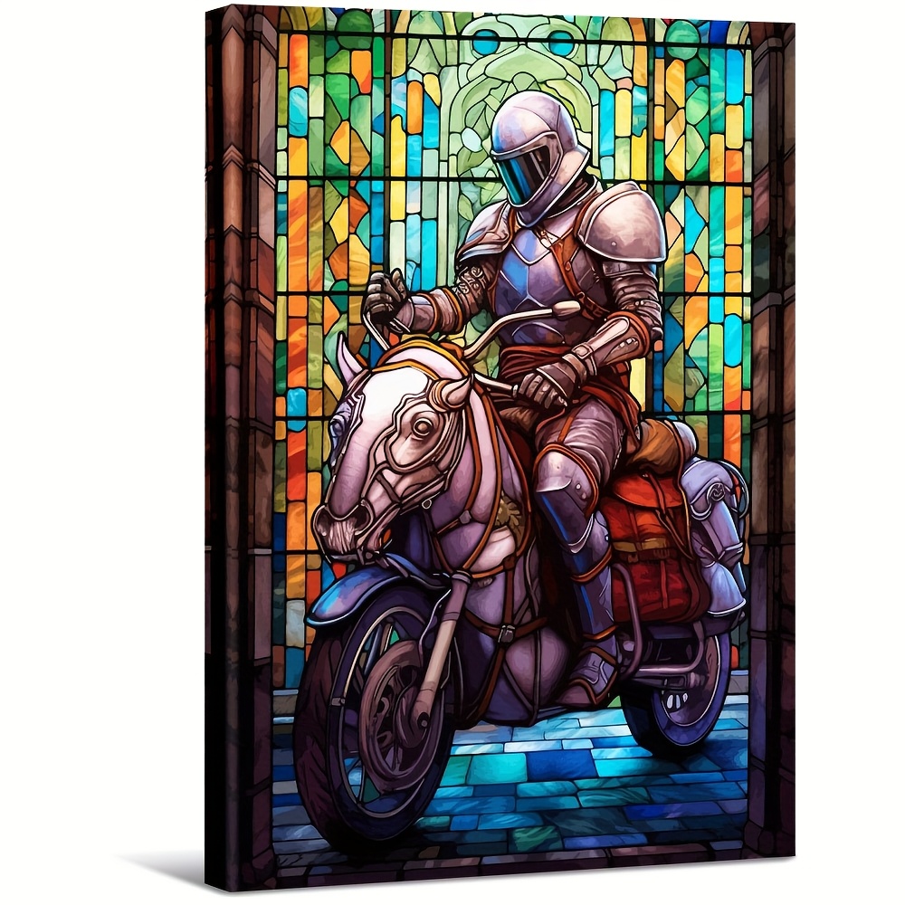 Knight On Motorcycle In Stained Glass Art Large Wooden Framed Wall Art ...