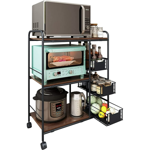 KnightCraft Steel Top Microwave Cart with 3 Shelves, 3 Drawers, and ...